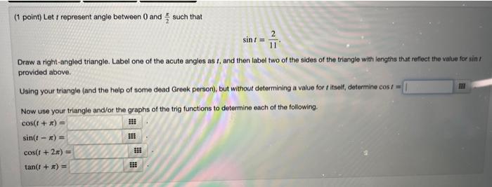 Solved (1 point) Let t represent angle between 0 and 2π such | Chegg.com