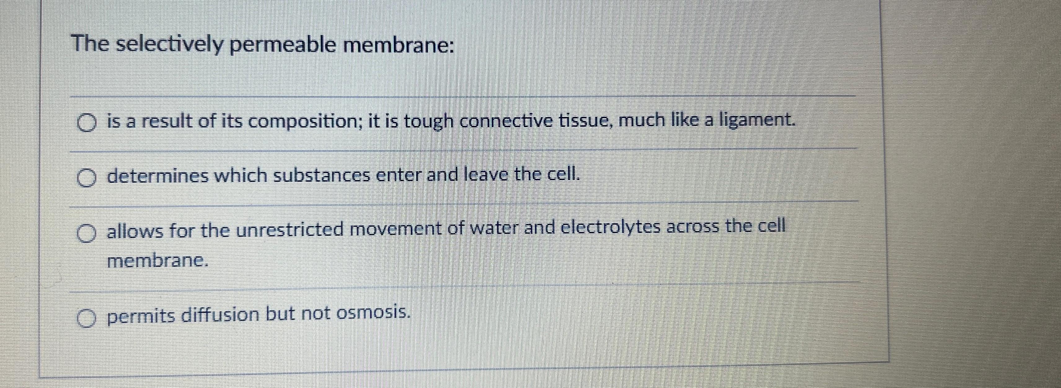 Solved The selectively permeable membrane:is a result of its | Chegg.com