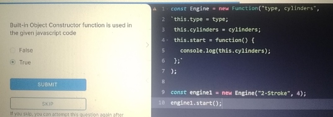 Solved A 1 ﻿const Engine = ﻿new Function("type, | Chegg.com