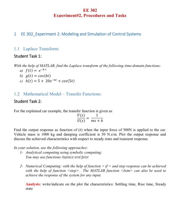 Solved 1 EE 302_Experiment 2: Modeling and Simulation of | Chegg.com