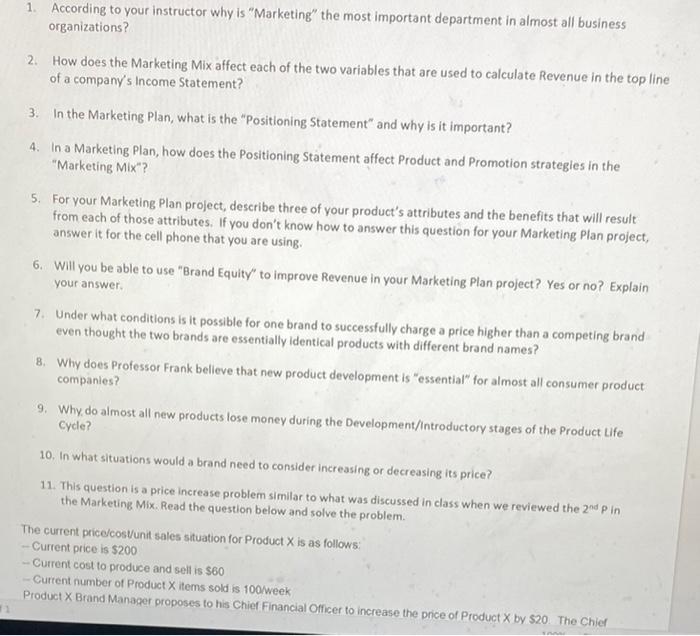 Solved 1. According to your instructor why is "Marketing" | Chegg.com