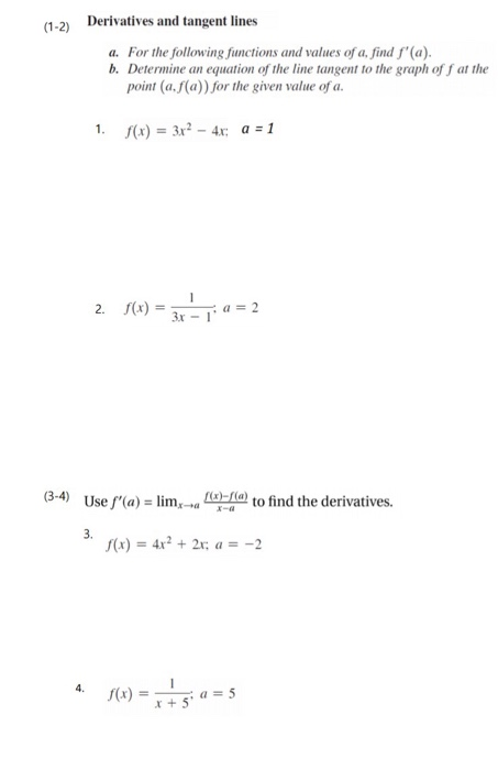 Solved (1-2) Derivatives and tangent lines a. For the | Chegg.com