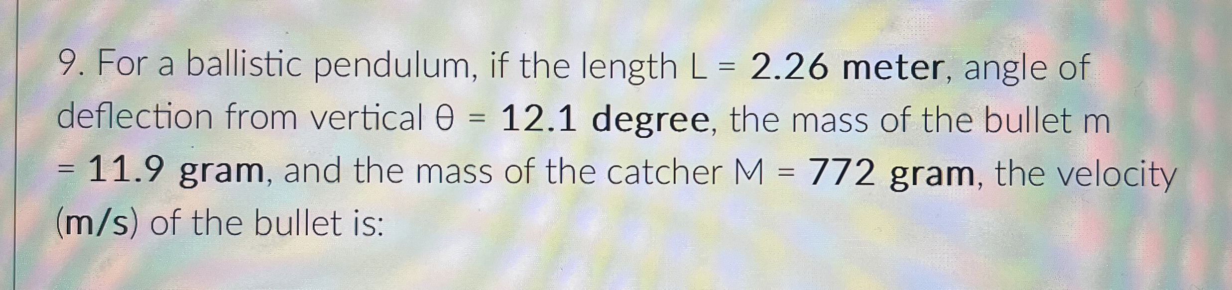 Solved For a ballistic pendulum, if the length L=2.26 | Chegg.com