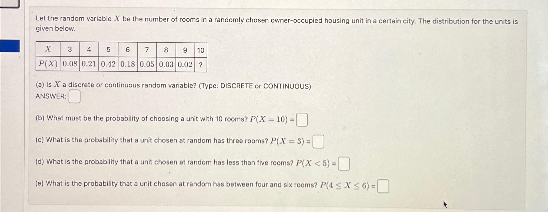 Solved Let the random variable x ﻿be the number of rooms in | Chegg.com