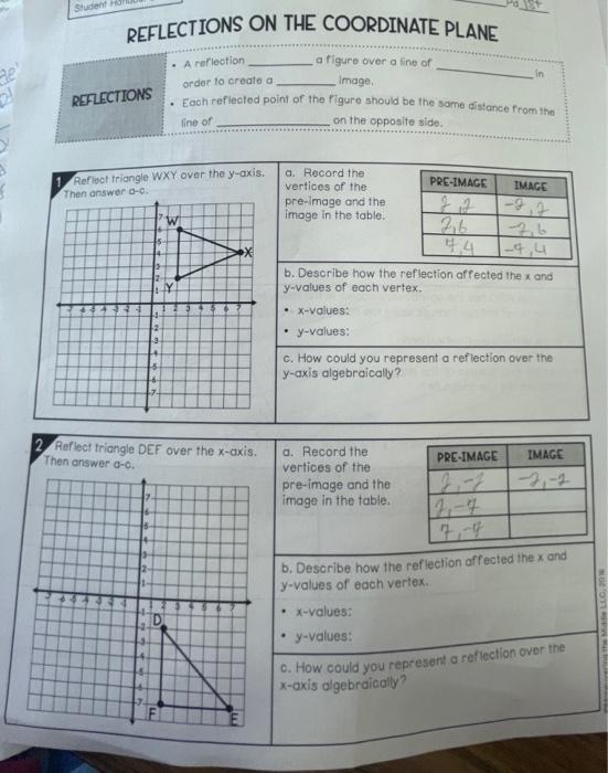 Solved REFLECTIONS ON THE COORDINATE PLANE - A reflection a | Chegg.com