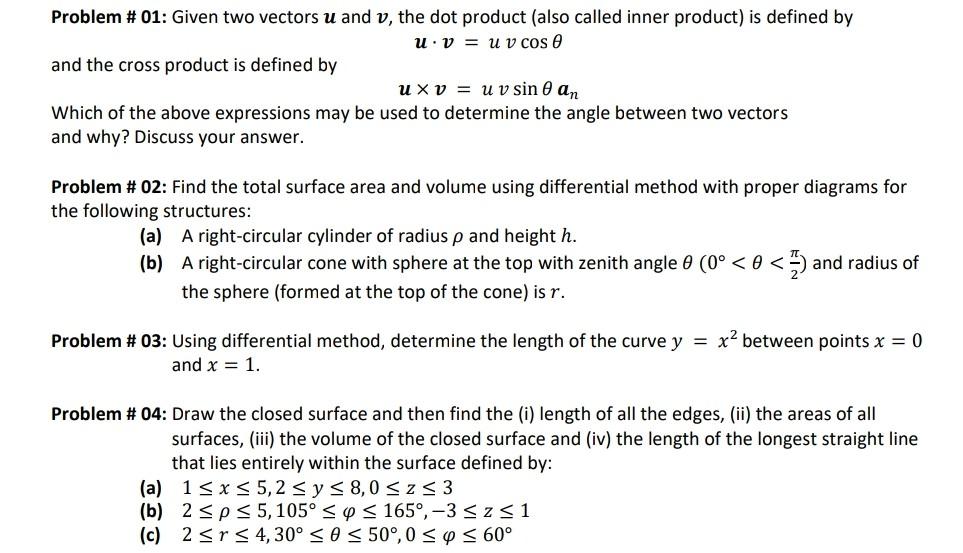 Solved Problem # 01: Given two vectors u and v, the dot | Chegg.com