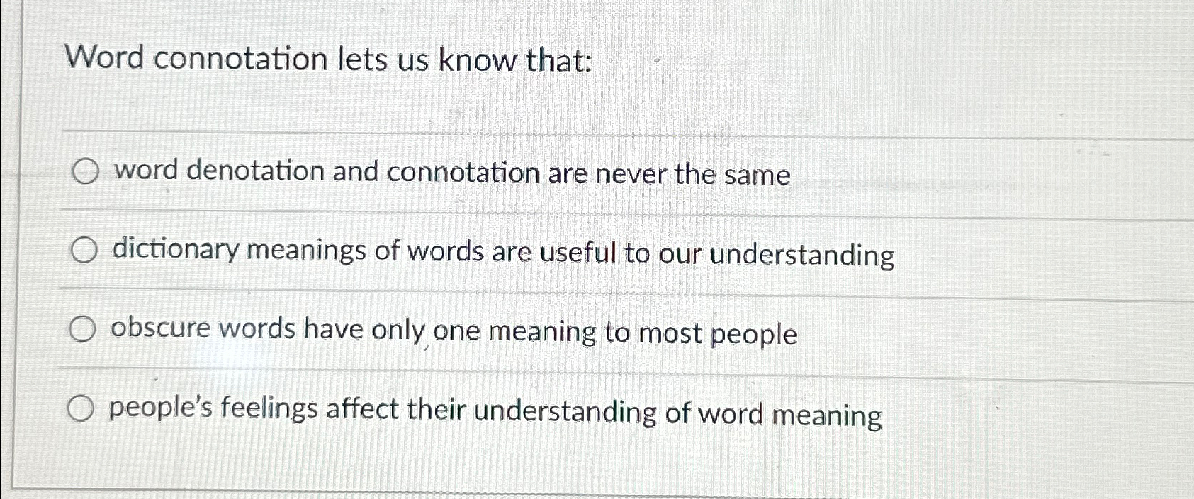 Solved Word connotation lets us know that:word denotation | Chegg.com