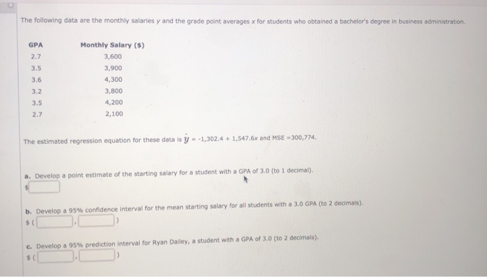Solved The following data are the monthly salaries y and the | Chegg.com