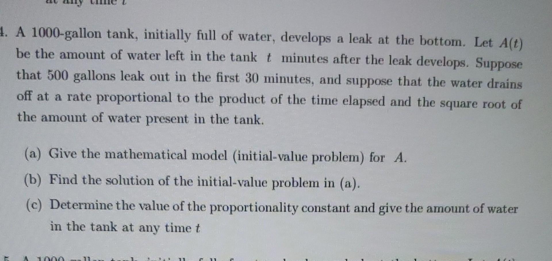 Solved A 1000 -gallon tank, initially full of water, | Chegg.com