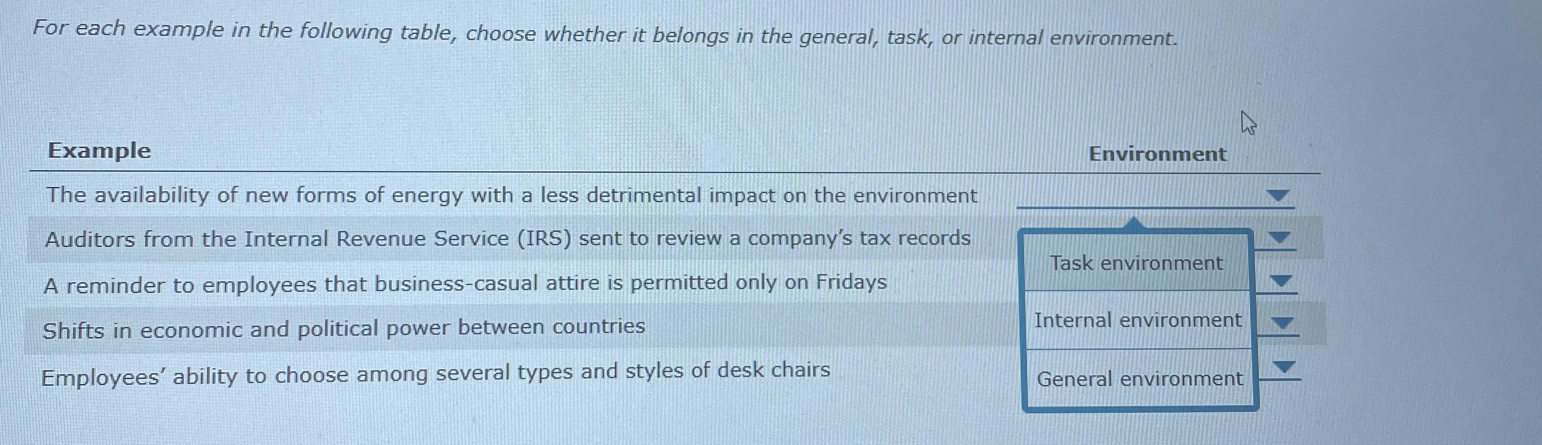 Solved For each example in the following table, choose | Chegg.com