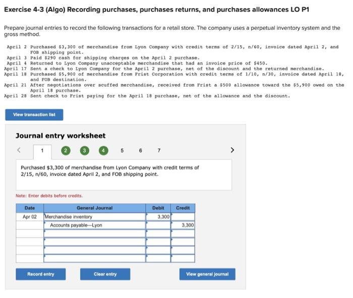 Solved Exercise 4-3 (Algo) Recording purchases, purchases | Chegg.com Solved Exercise 4-3 (Algo) Recording purchases, purchases | Chegg.com