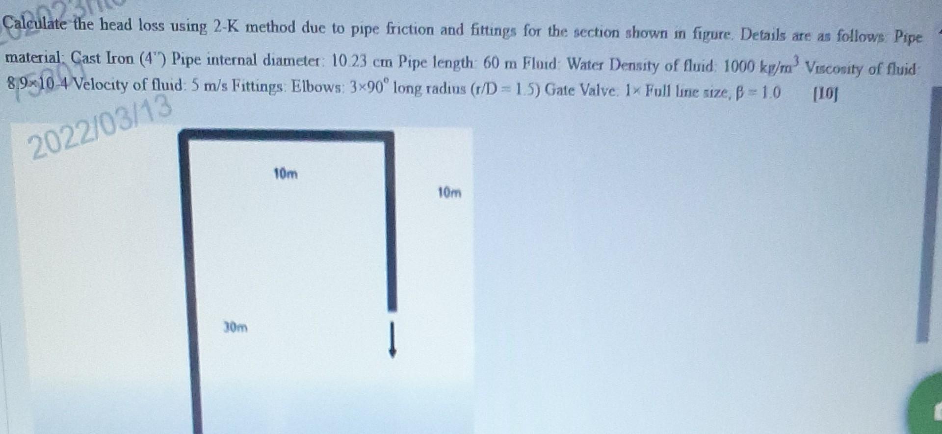 Solved Calculate the head loss using 2-K method due to pipe | Chegg.com