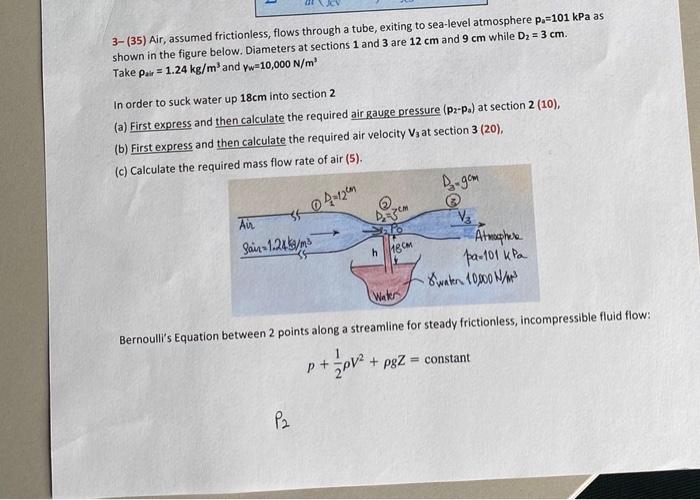 Solved 3- (35) Air, assumed frictionless, flows through a | Chegg.com