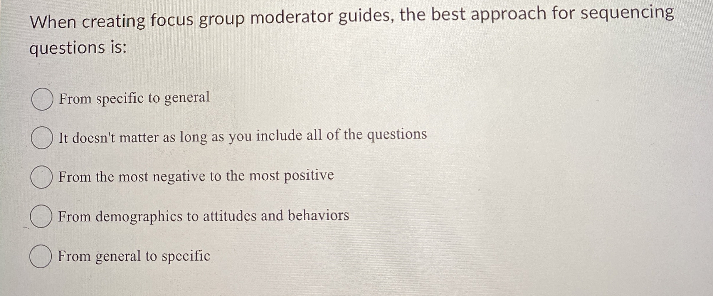 Solved When creating focus group moderator guides, the best | Chegg.com