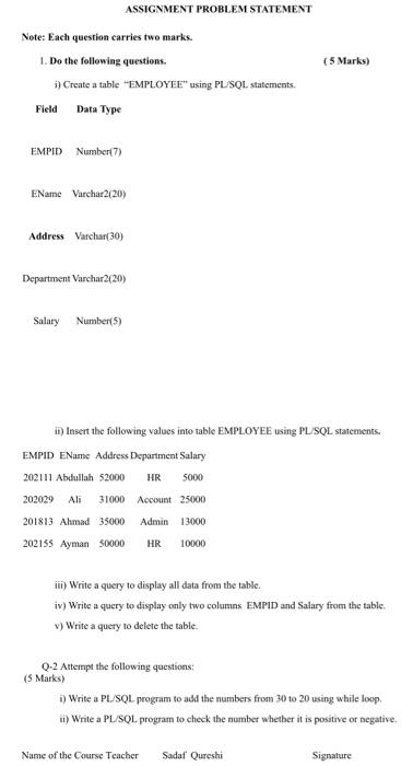 Solved ASSIGNMENT PROBLEM STATEMENT Note: Each question | Chegg.com
