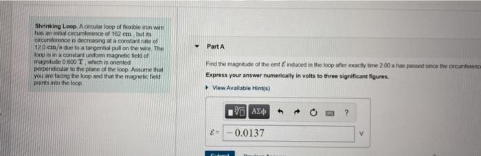 Solved Part A Shrinking Loop. A circular loop of flexible | Chegg.com