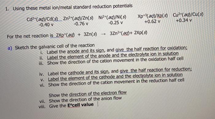 Solved 1. Using these metal ion/metal standard reduction | Chegg.com