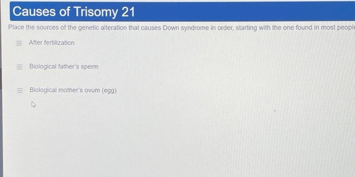 Solved Causes of Trisomy 21 Place the sources of the genetic | Chegg.com