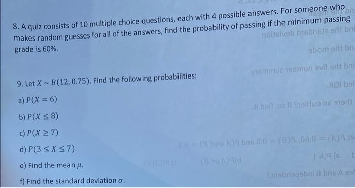 Solved 8. A quiz consists of 10 multiple choice questions, | Chegg.com