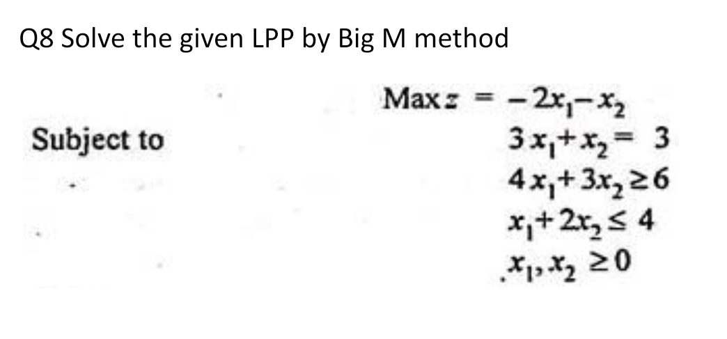 Solved Q8 ﻿Solve the given LPP by Big M methodMaxz=-2x1-x2 | Chegg.com