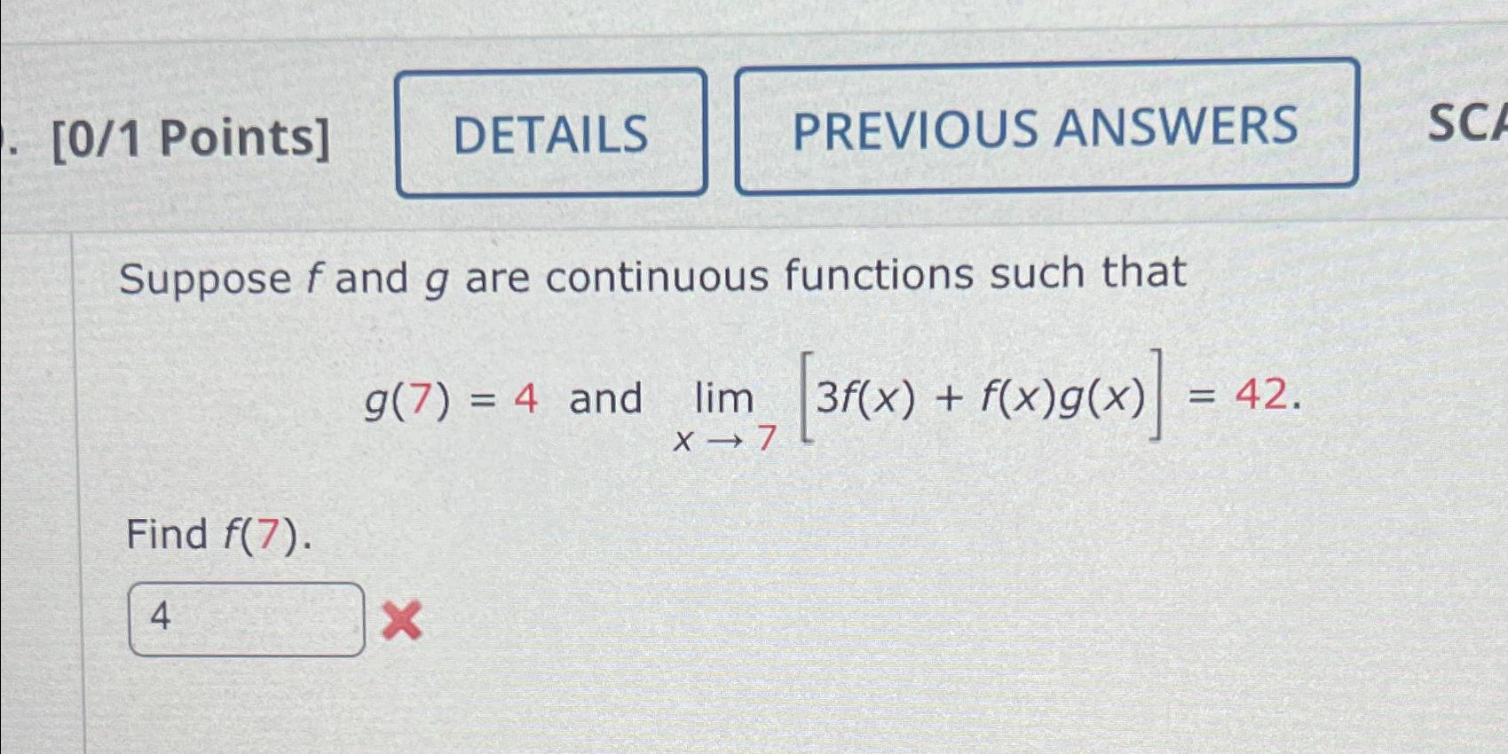 Solved Points]Suppose f ﻿and g ﻿are continuous functions | Chegg.com
