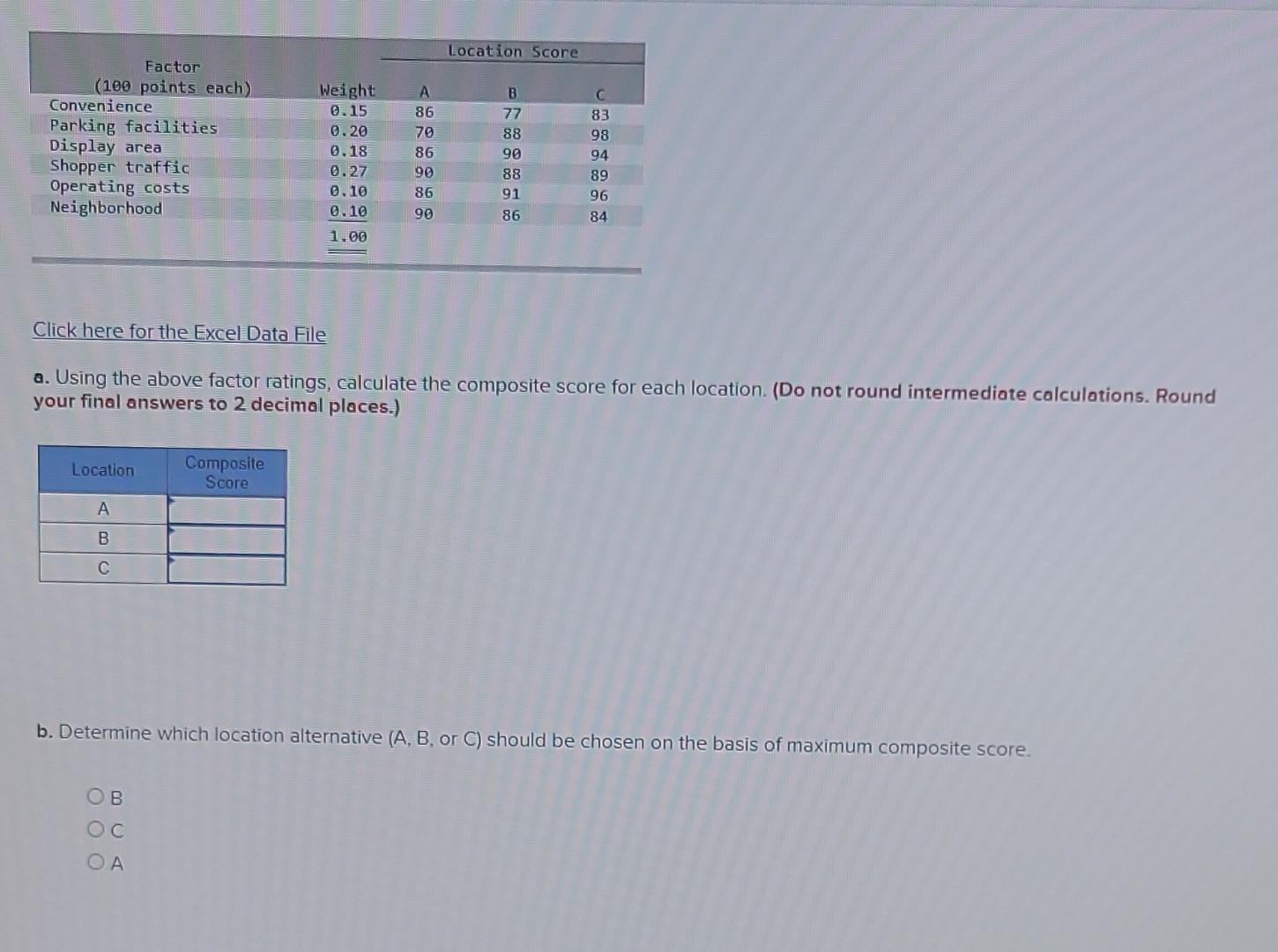 Solved Click here for the Excel Data File a. Using the above | Chegg.com