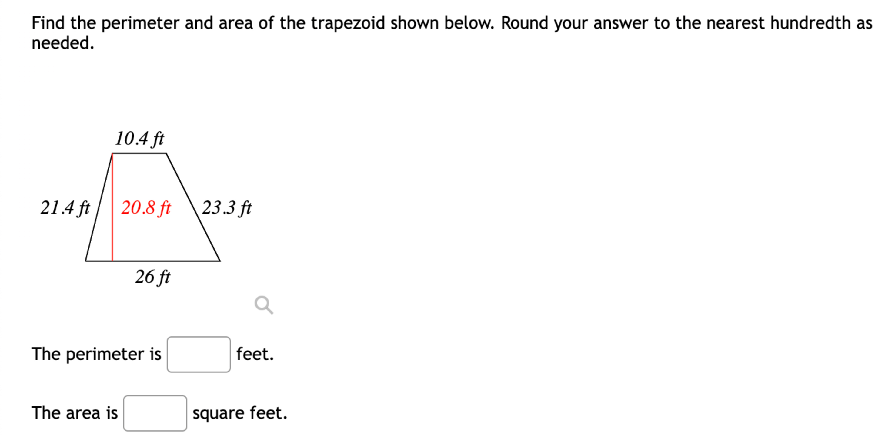 Solved Find the perimeter and area of the trapezoid shown | Chegg.com