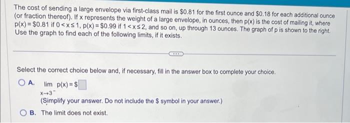Solved The cost of sending a large envelope via first-class | Chegg.com