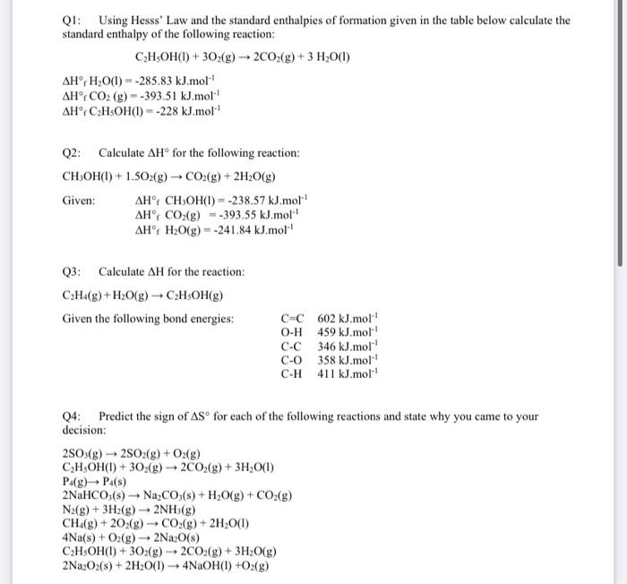 Solved Q1: Using Hesss' Law and the standard enthalpies of | Chegg.com
