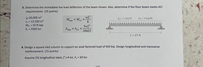 Solved 3. Determine the immediate live load deflection of | Chegg.com