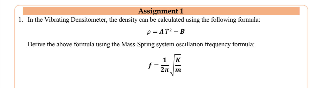 Solved Assignment 1In the Vibrating Densitometer, the | Chegg.com