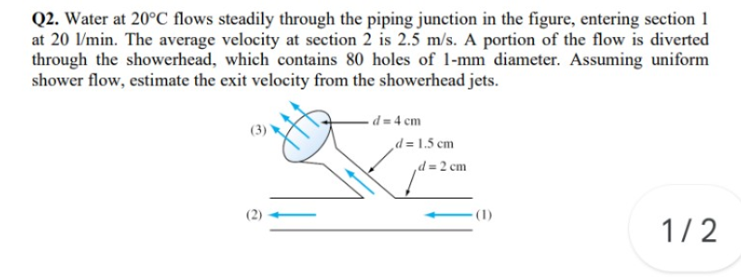 Solved Q2. Water at 20∘C flows steadily through the piping | Chegg.com
