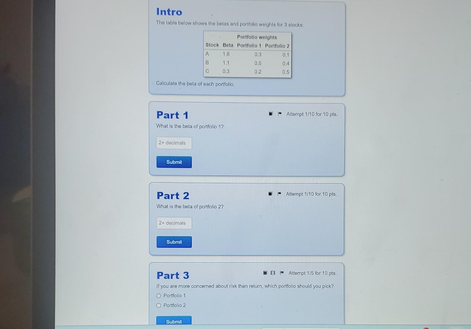 Solved Intro The lablo below shows the belas and portiolio | Chegg.com