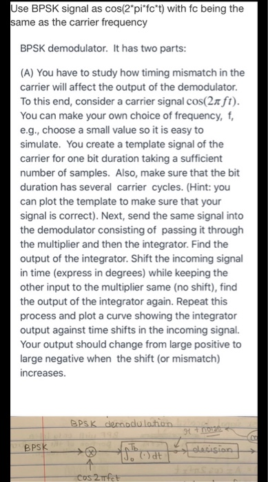 Use BPSK signal as cos(2pifc*t) with fc being the | Chegg.com