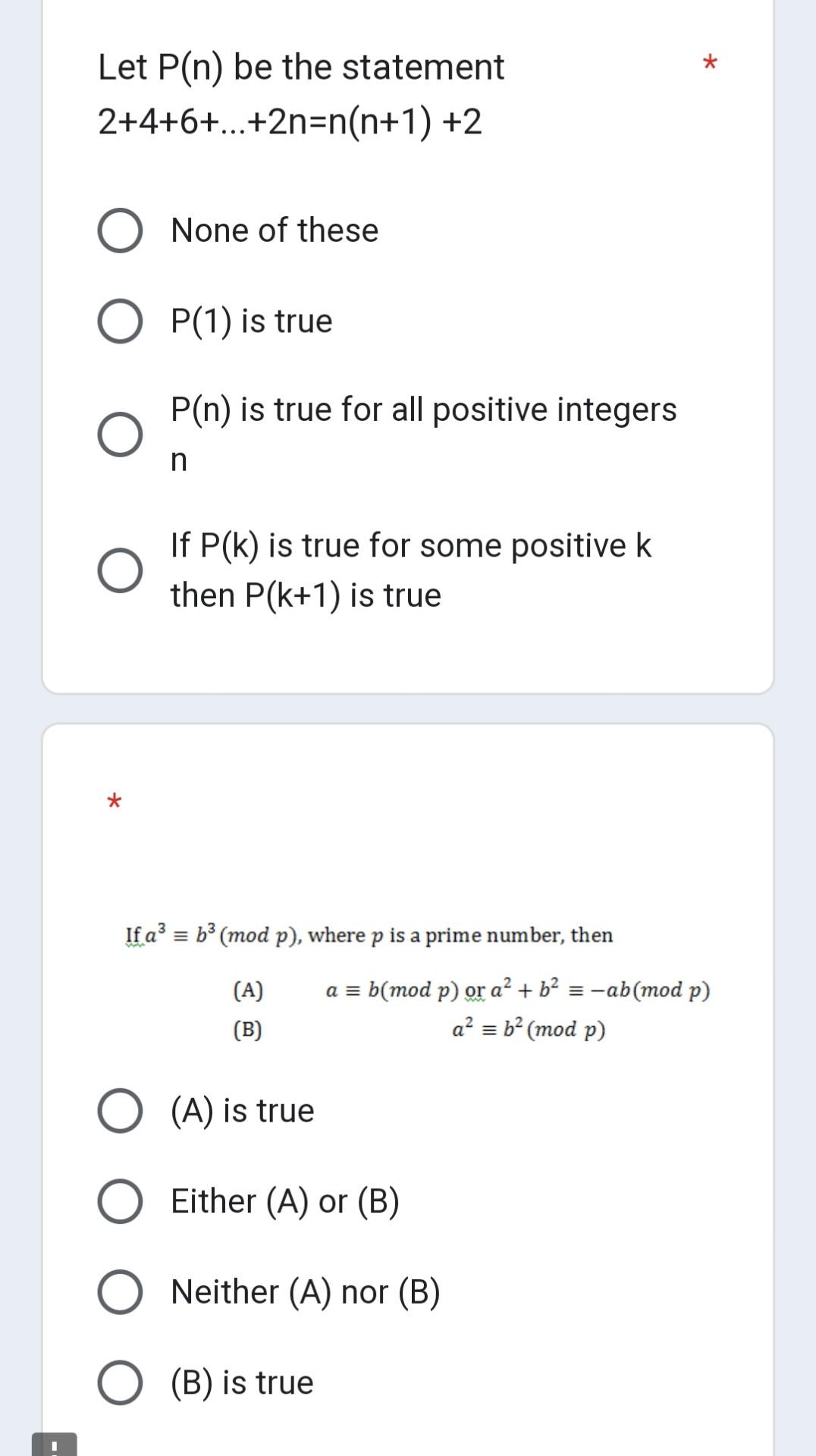 Solved Let P(n) be the statement 2+4+6+…+2n=n(n+1)+2 None of | Chegg.com