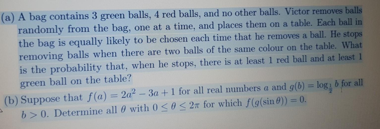 Solved 7(a) A bag contains 3 green balls, 4 red balls, and | Chegg.com