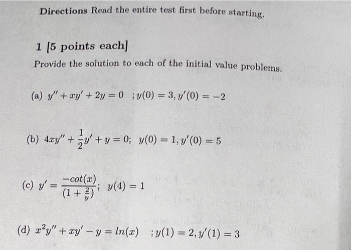 Solved Directions Read the entire test first before | Chegg.com