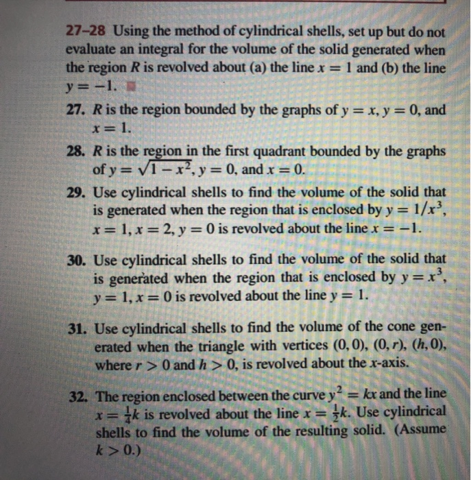 Solved 27-28 Using the method of cylindrical shells, set up | Chegg.com