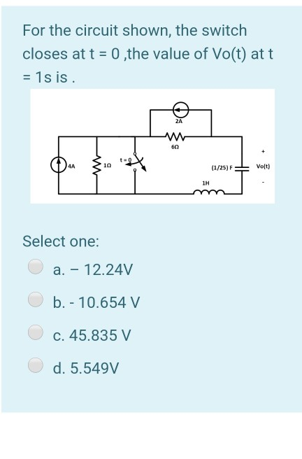 Solved For the circuit shown, the switch closes at t = 0,the | Chegg.com