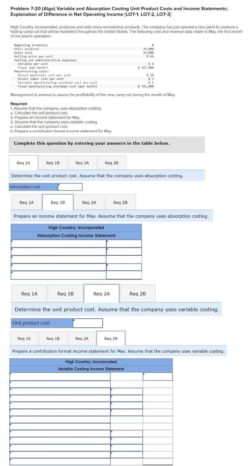 Solved Problem 7-20 (Algo) ﻿Variable and Absorption Costing | Chegg.com