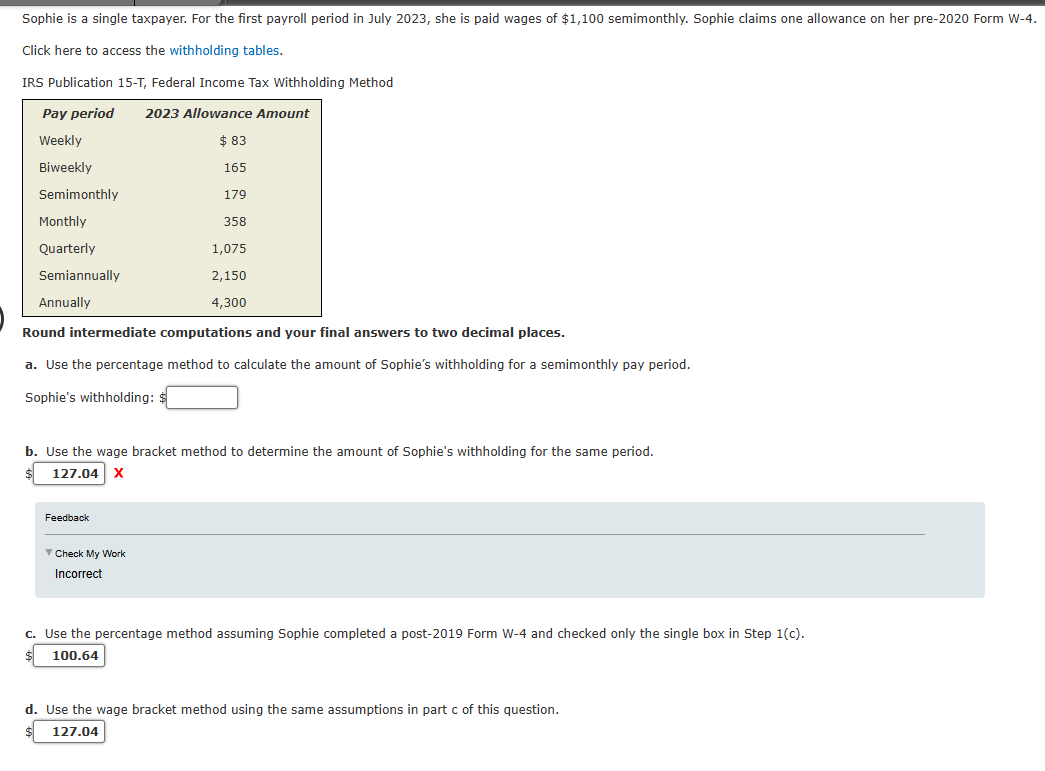 Solved Sophie is ﻿a single taxpayer. For the first payroll | Chegg.com