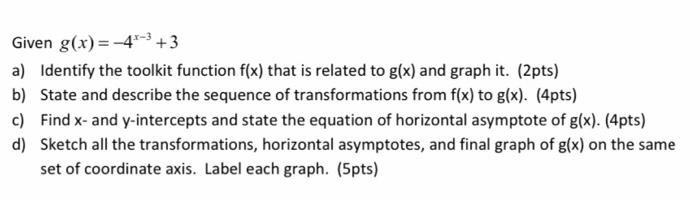 Solved Given g(x)=-41-3+3 a) Identify the toolkit function | Chegg.com