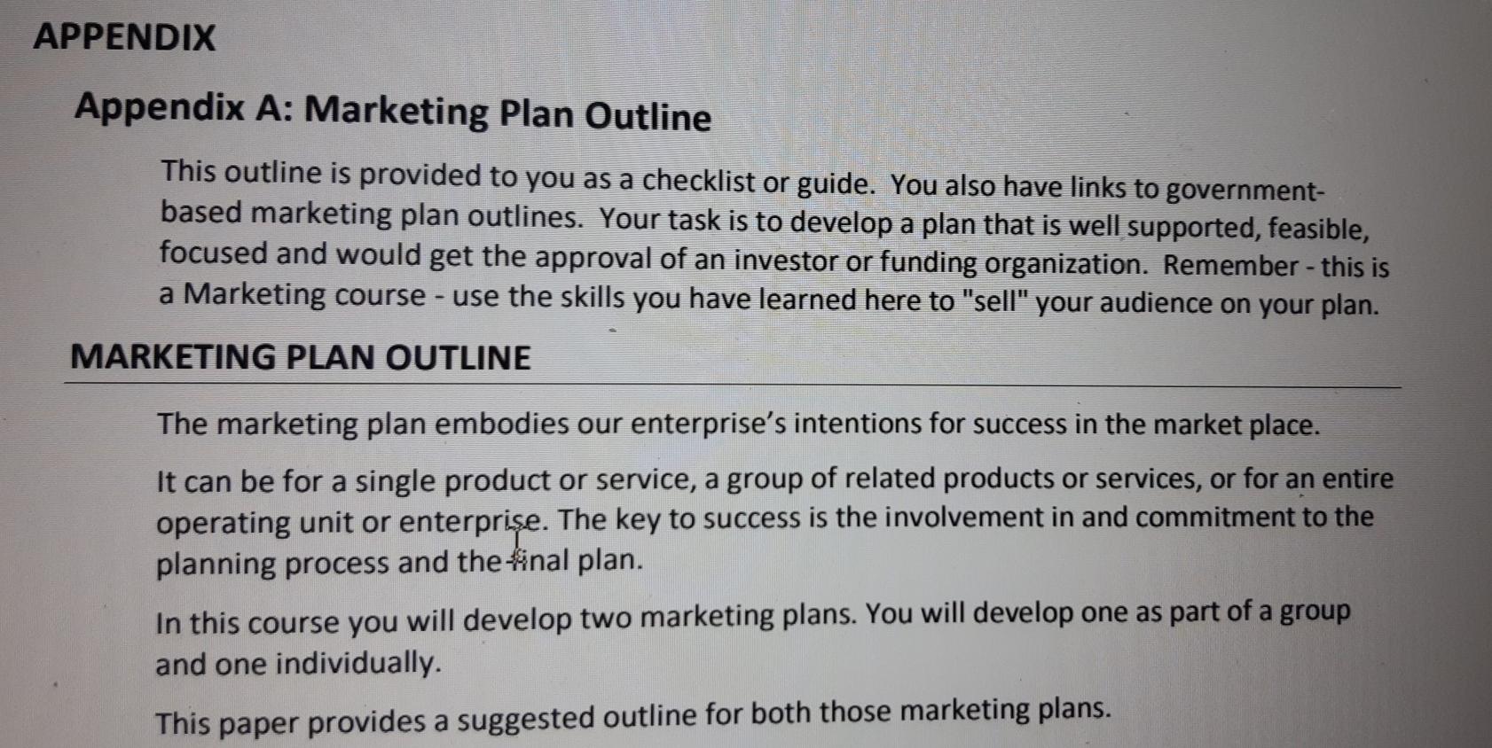 Solved APPENDIX Appendix A: Marketing Plan Outline This | Chegg.com