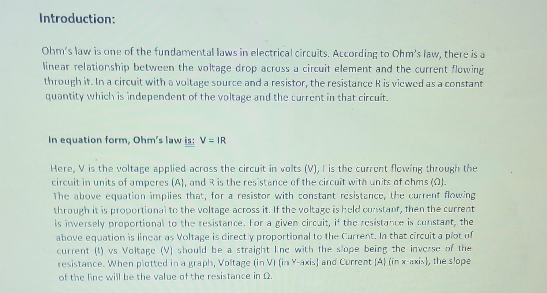 Solved Ohm's law is one of the fundamental laws in | Chegg.com