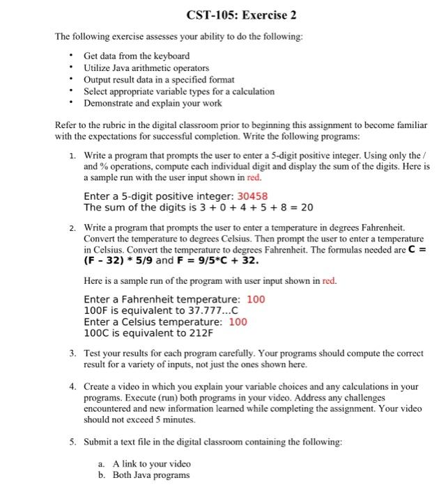 Solved CST-105: Exercise 2 The following exercise assesses | Chegg.com