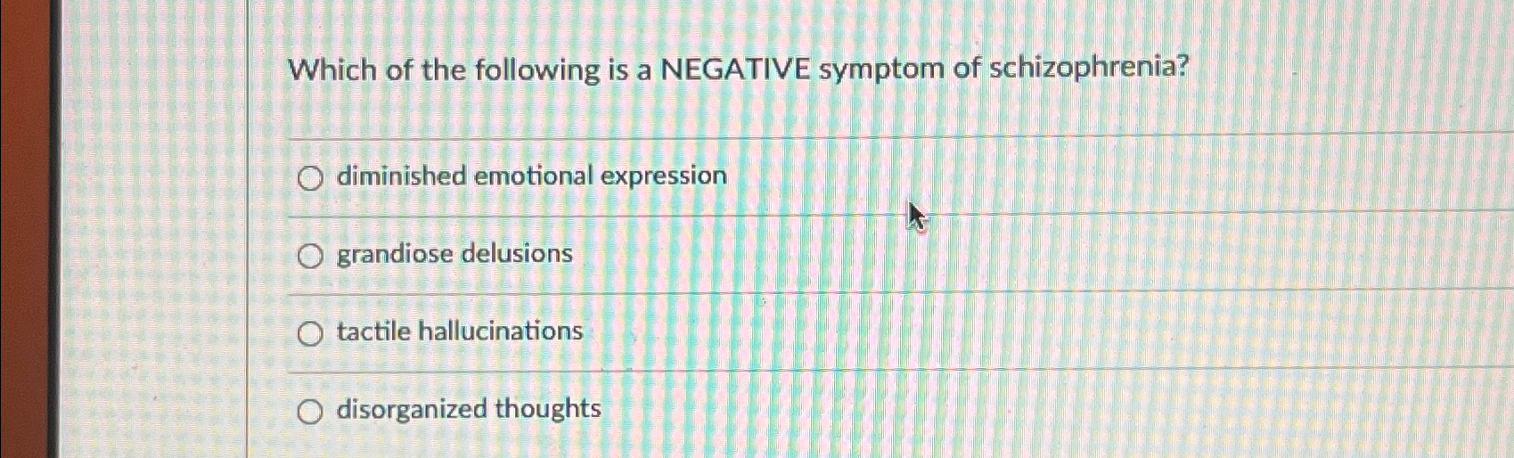 Solved Which of the following is a NEGATIVE symptom of | Chegg.com