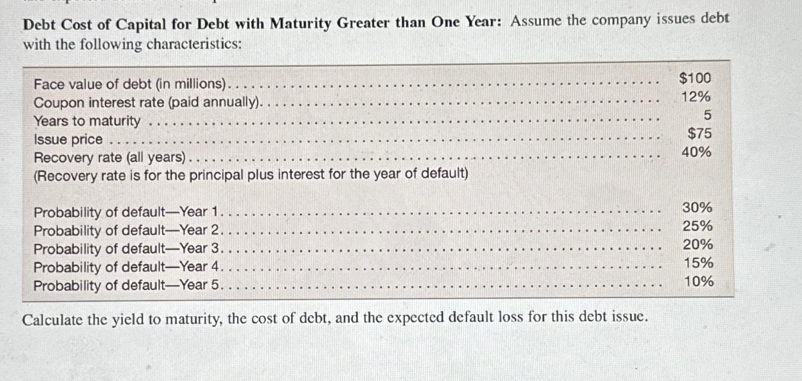 Solved Debt Cost of Capital for Debt with Maturity Greater | Chegg.com