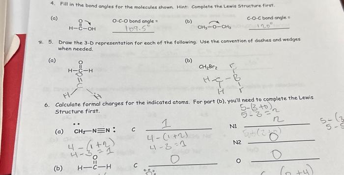 Solved 4. Fill in the bond angles for the molecules shown. | Chegg.com