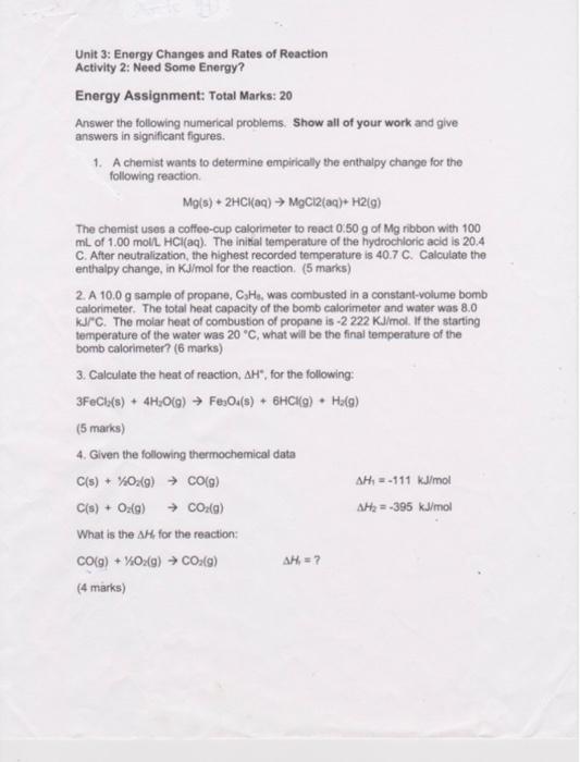 Solved Unit 3: Energy Changes and Rates of Reaction Activity | Chegg.com