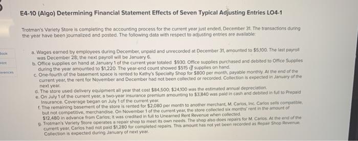 Solved E4-10 (Algo) Determining Financial Statement Effects | Chegg.com Solved E4-10 (Algo) Determining Financial Statement Effects | Chegg.com